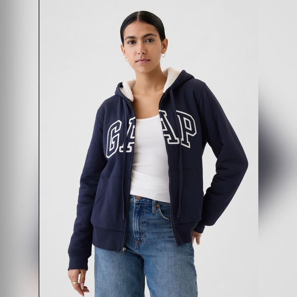 GAP | Tops | Gap Navy Blue Relaxed Logo Sherpalined Zip Hoodie Lg New ...